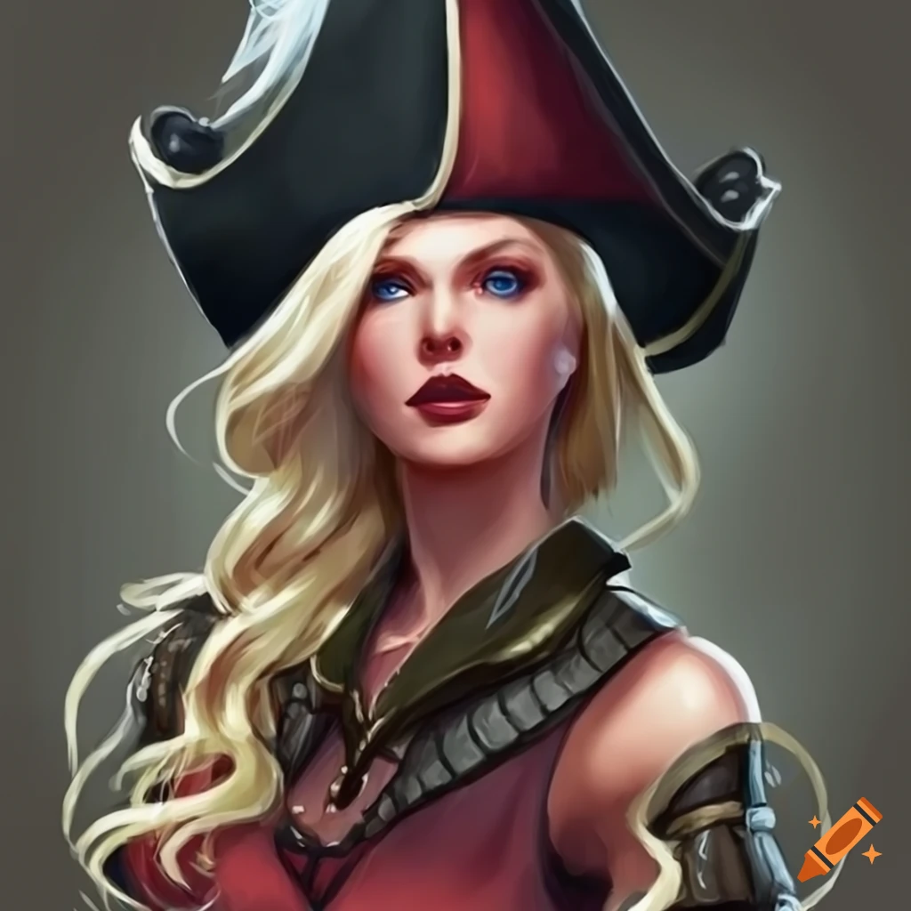 Lady rogue swashbuckler with pirate hat and blonde hair on Craiyon