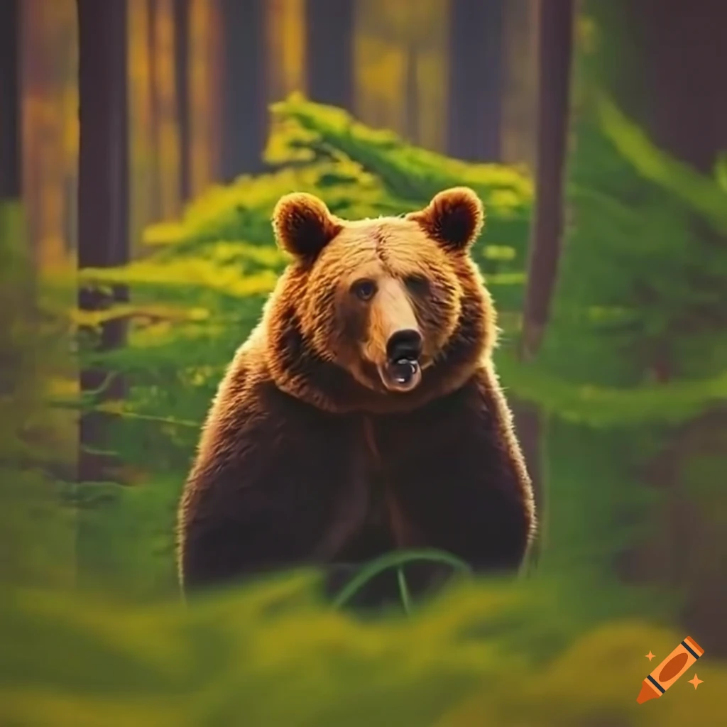 Bear in a forest enjoying the golden sunset on Craiyon