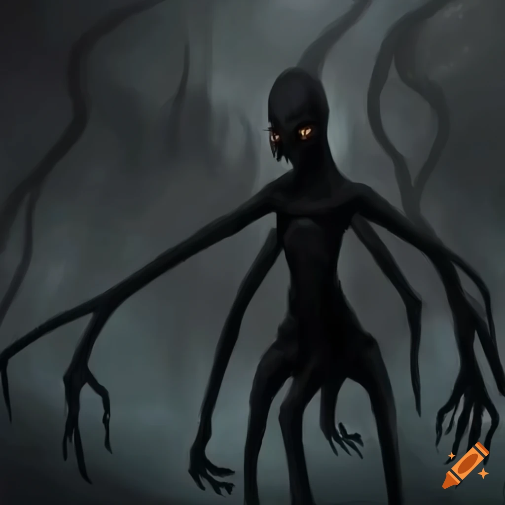 Dark slender creature with elongated arms in empty space on Craiyon