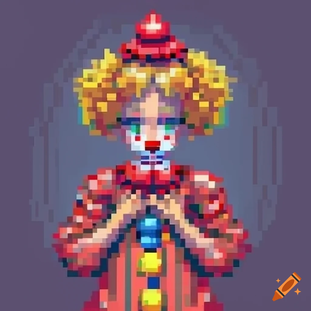 Pixel art of a cute clown girl in a vibrant red suit on Craiyon
