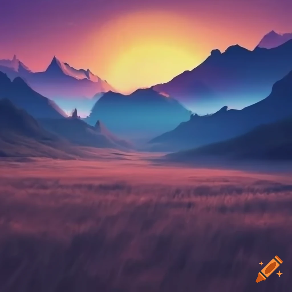 Nostalgic open fields with fantasy elements and mountains at sunset on ...