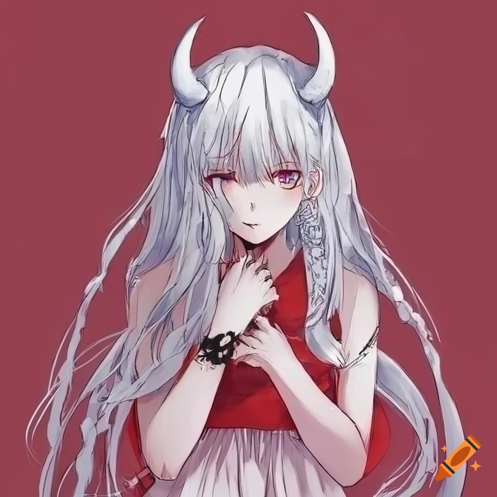Anime art of a small demon girl in a red dress with white hair and ...