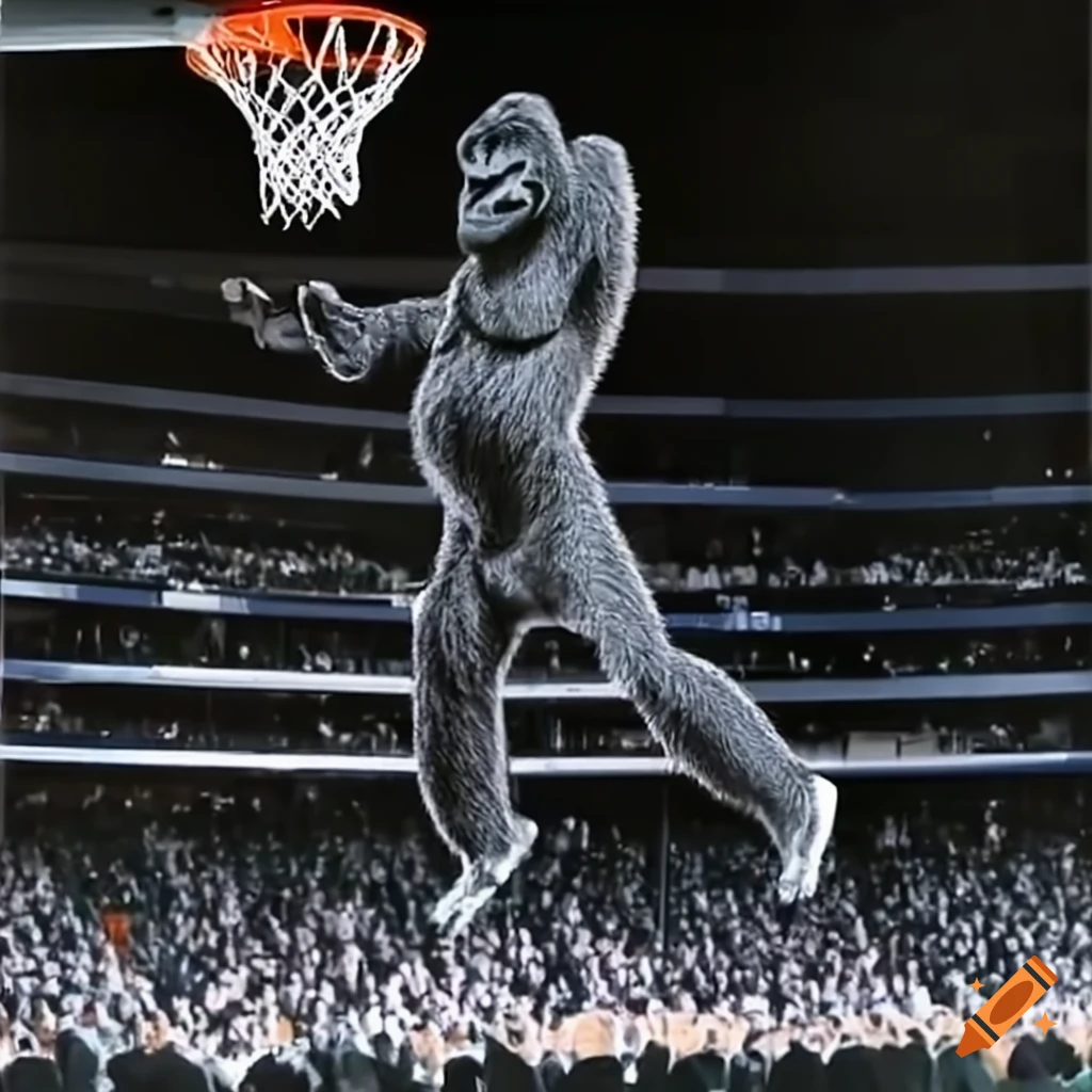 Gorilla in a suit dunking a basketball on Craiyon