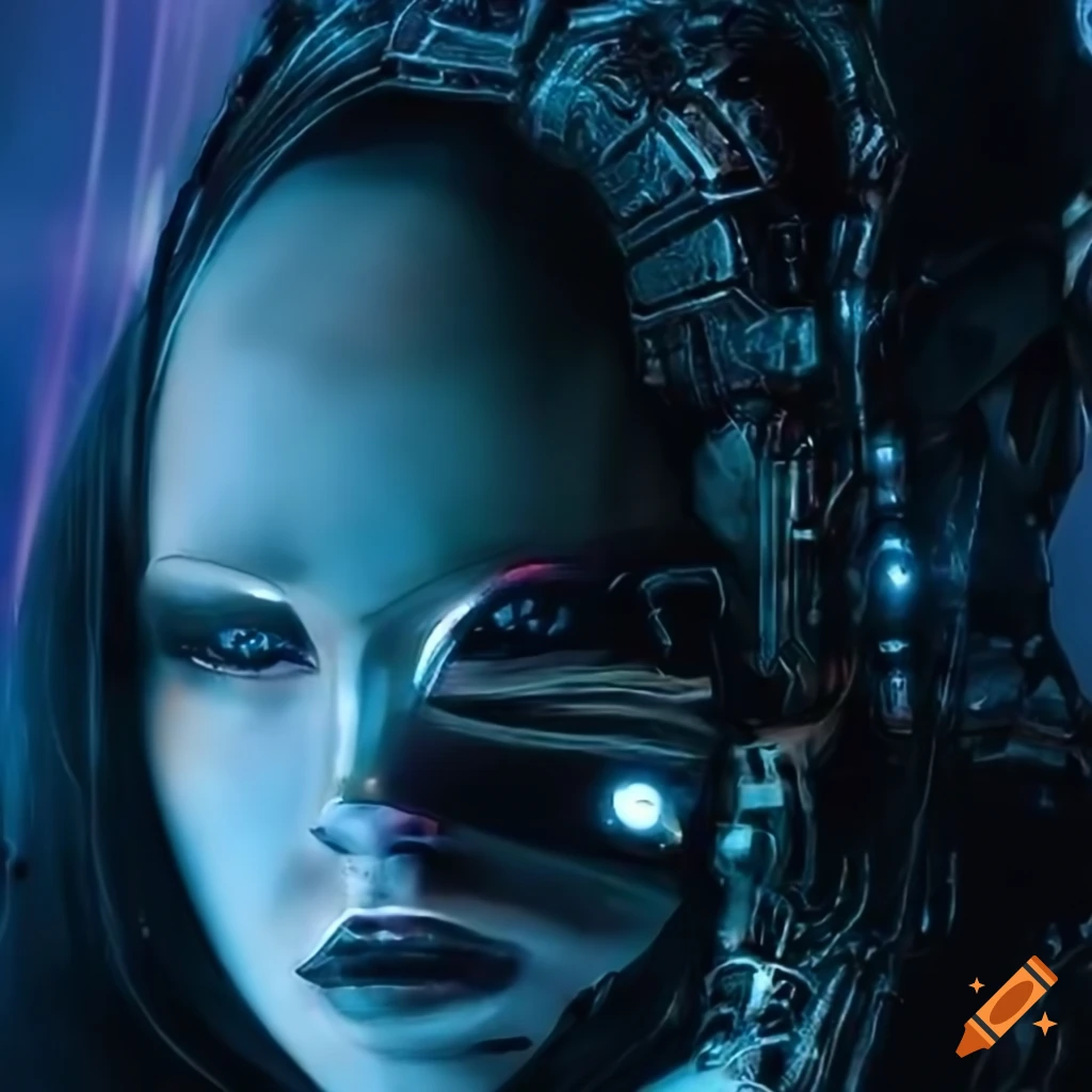 Female cyborg goddess in a cyberpunk cityscape on Craiyon