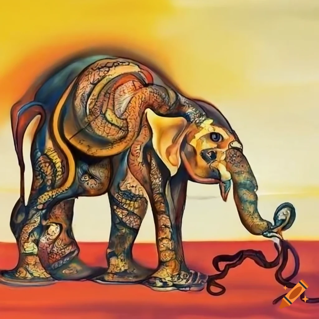 Elephant with a snake trunk in a salvador dali style drawing on Craiyon