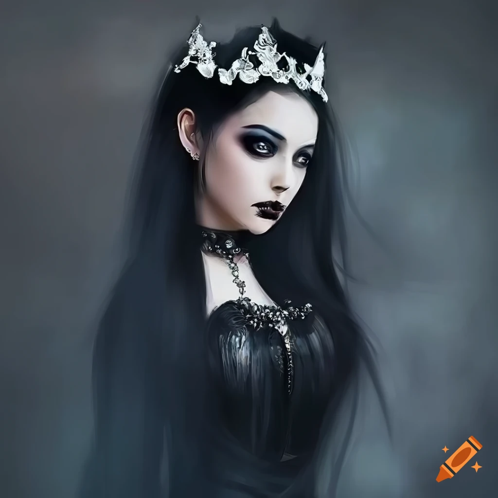Gothic girl with black hair in a striking digital painting by various artists on Craiyon