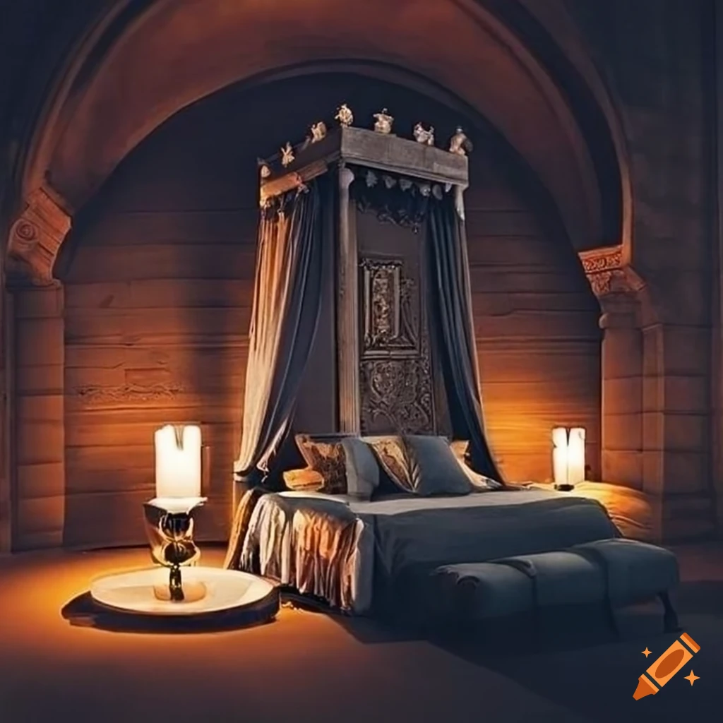 Elegant and cozy bedroom with canopy bed in a medieval castle on Craiyon