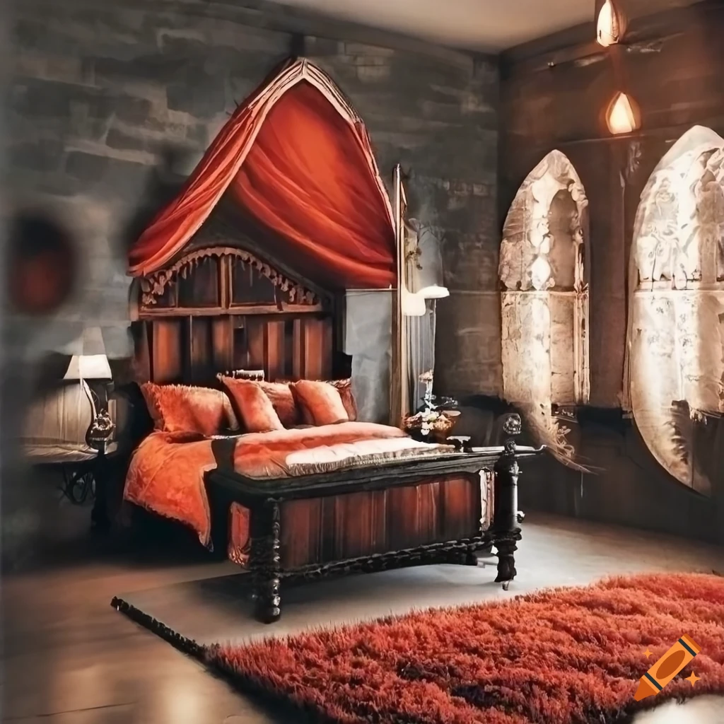 Elaborate medieval bedroom with coral and red bedding, canopy bed, and ...