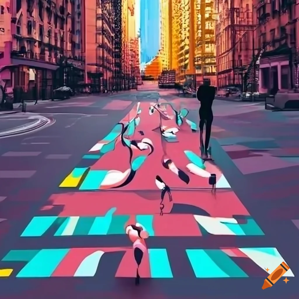 Vibrant crosswalk with flamingo design elements on Craiyon