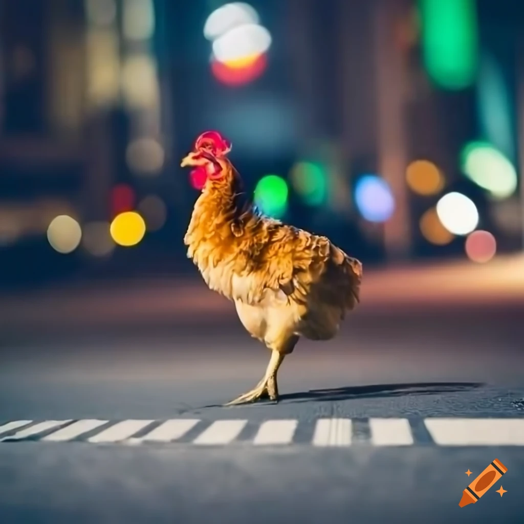 Chicken crossing road in a city with bokeh lights at night on Craiyon
