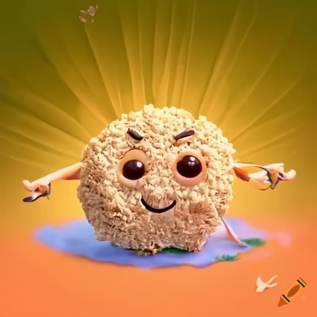 Happy rice cake character dancing and singing on a sunny day with a ...