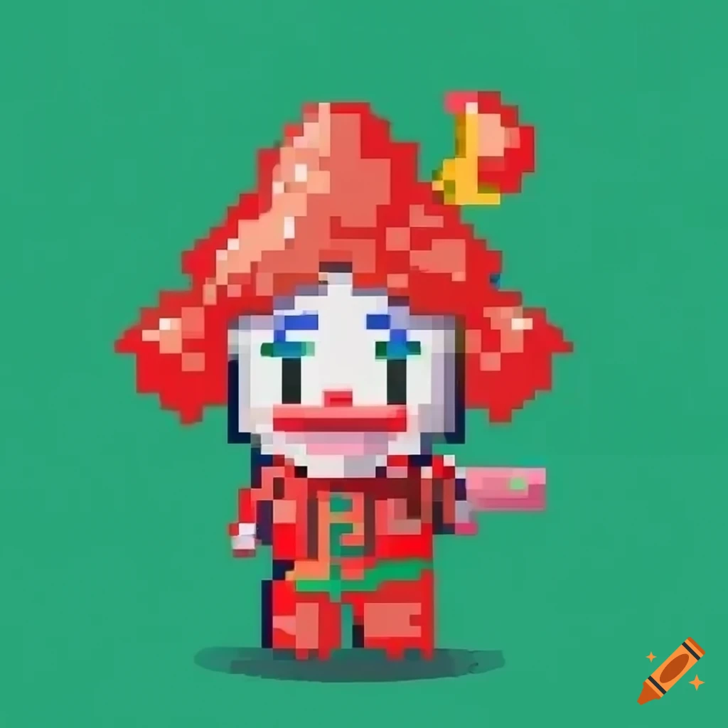 Pixel art of a cute clown in a vibrant red suit on Craiyon