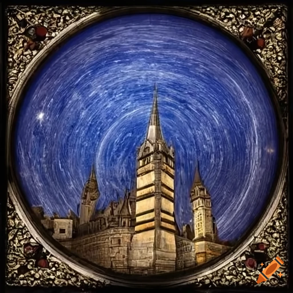 Medieval cityscape blending with stars and planets, featuring advanced ...