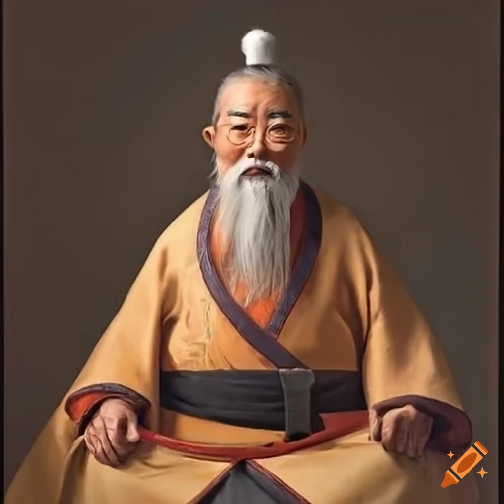 Wise old man in traditional Japanese attire with chonmage hairstyle in ...