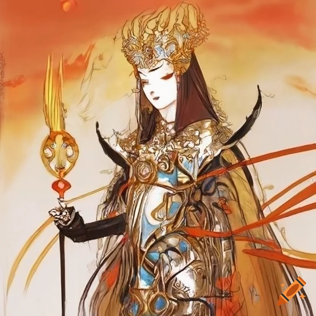 Imperial fire queen armored cleric priestess floating in the air with ...