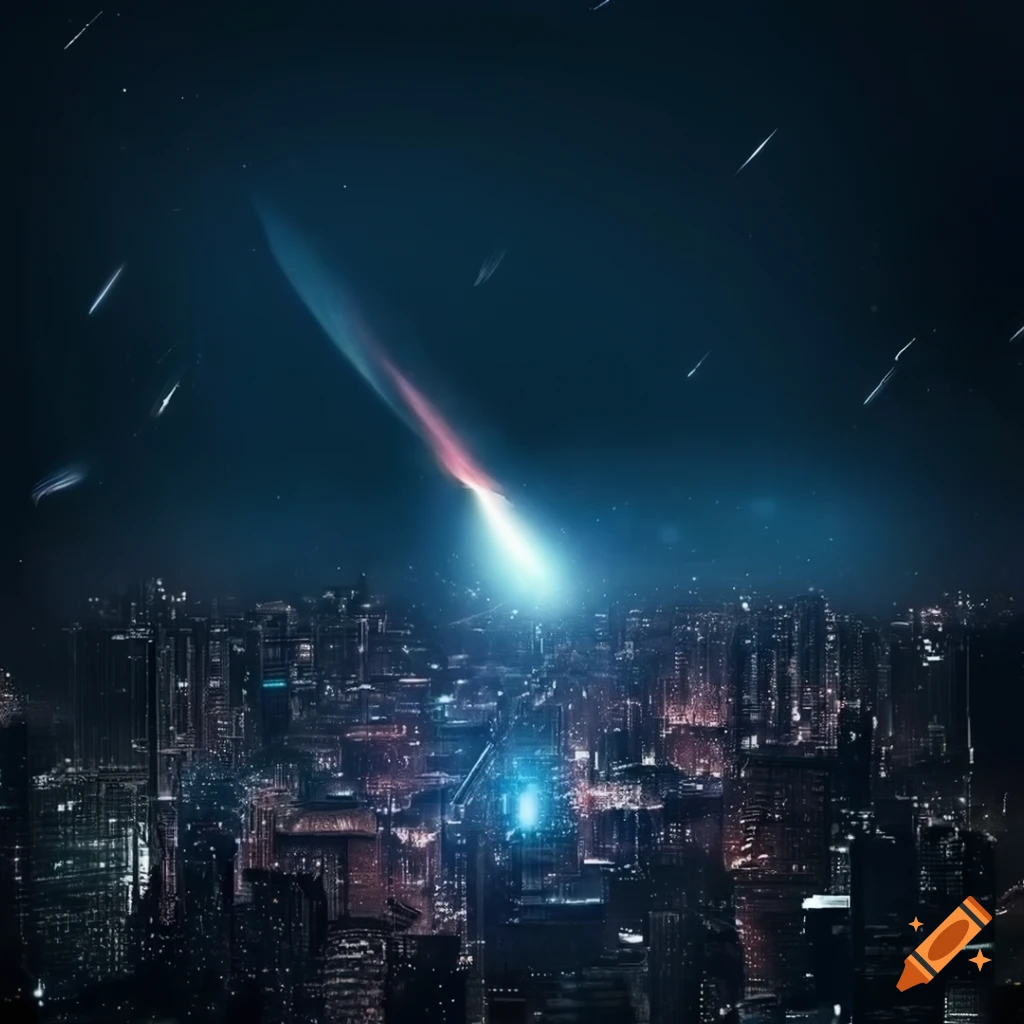 Detailed hyper-realistic scene of a comet impacting a city in a dark ...