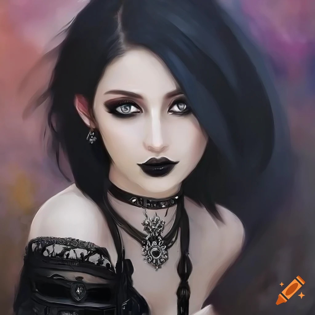 Gothic girl with black hair in a striking digital painting by various artists on Craiyon