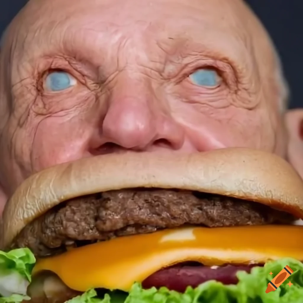 Creative art of a bald old man with a cheeseburger body on Craiyon