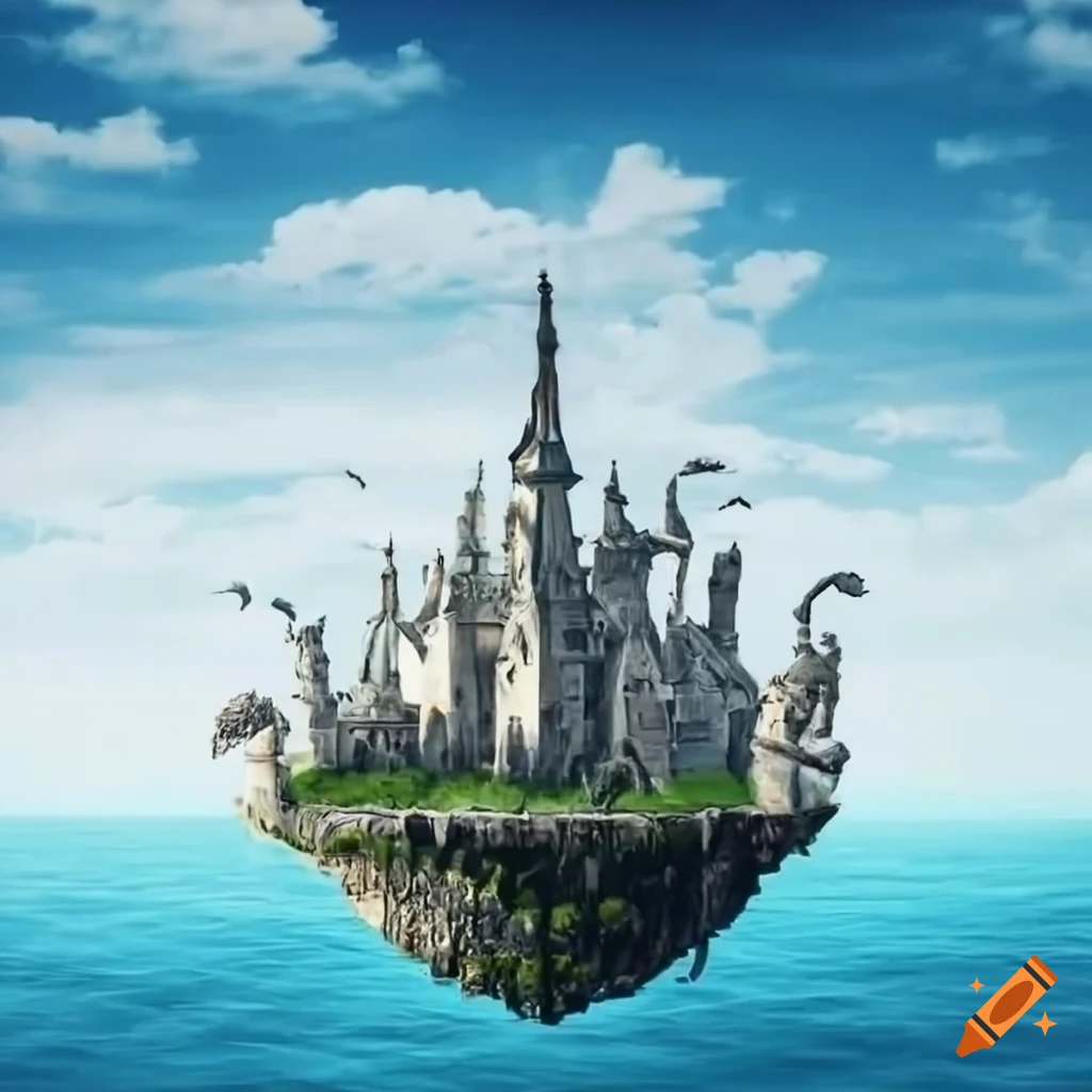 White marble medieval fantasy city on floating islands with flying ...