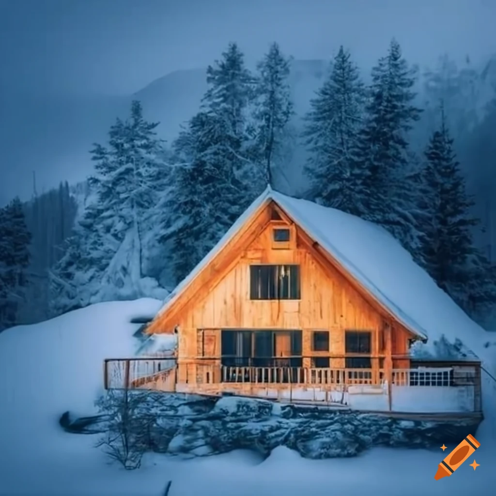 Cozy wood cabin on mountain top covered in snow on Craiyon