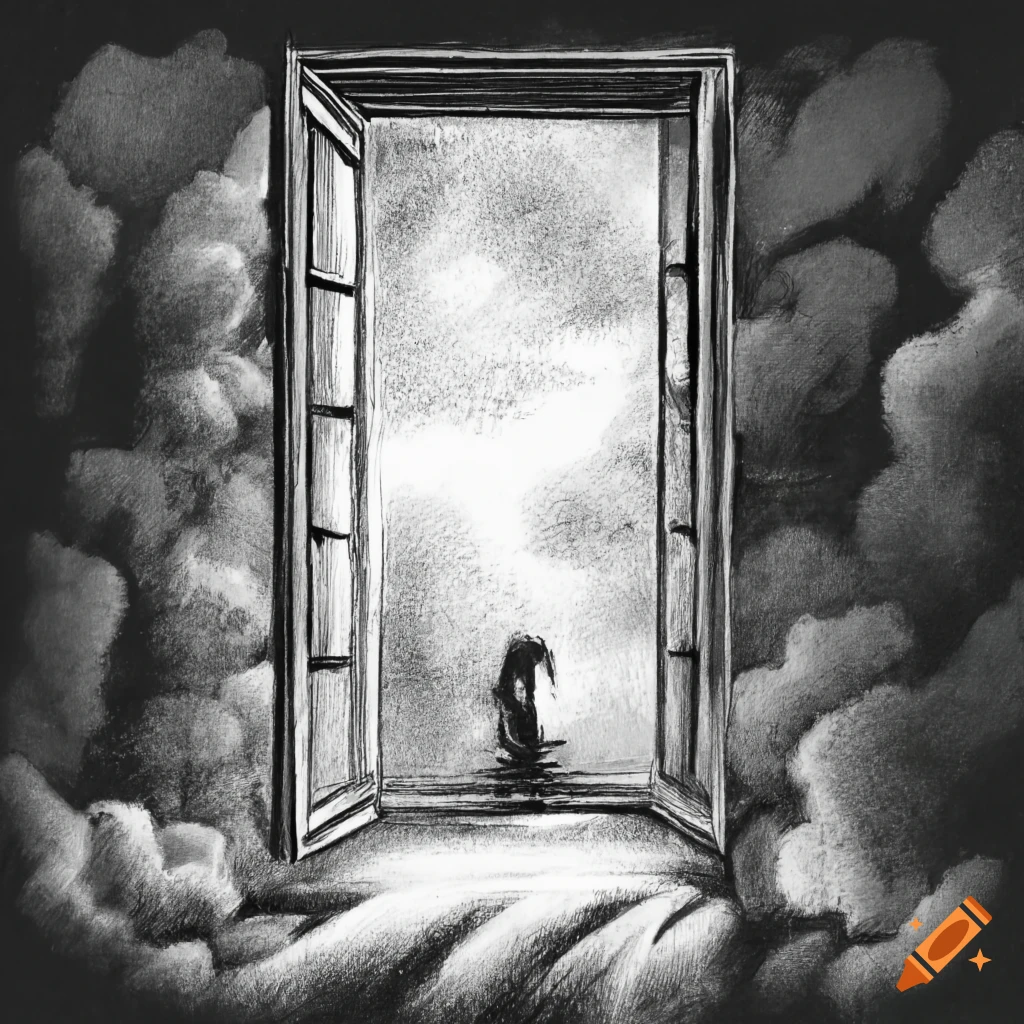 Cloud entering cottage room through window in black and white charcoal ...