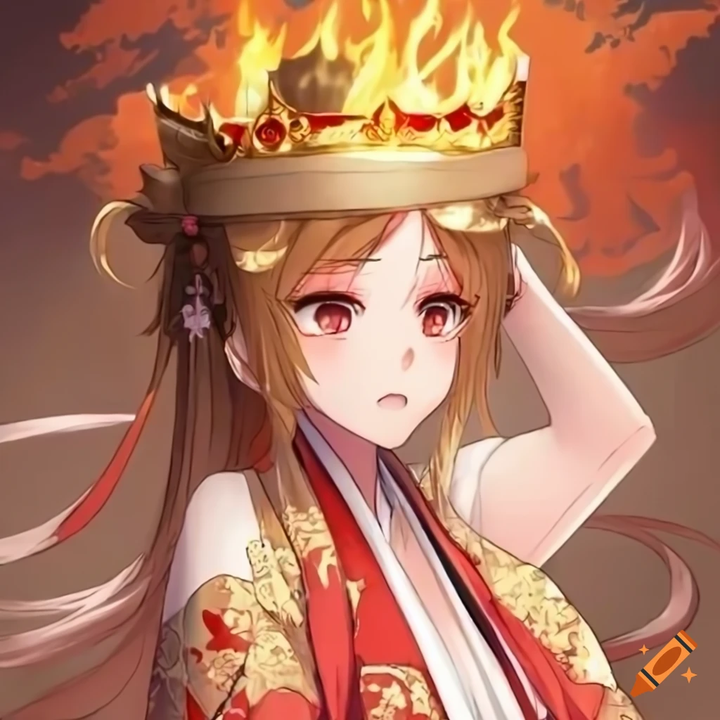 Anime wise queen with crown of fire in golden kimono, half human half ...