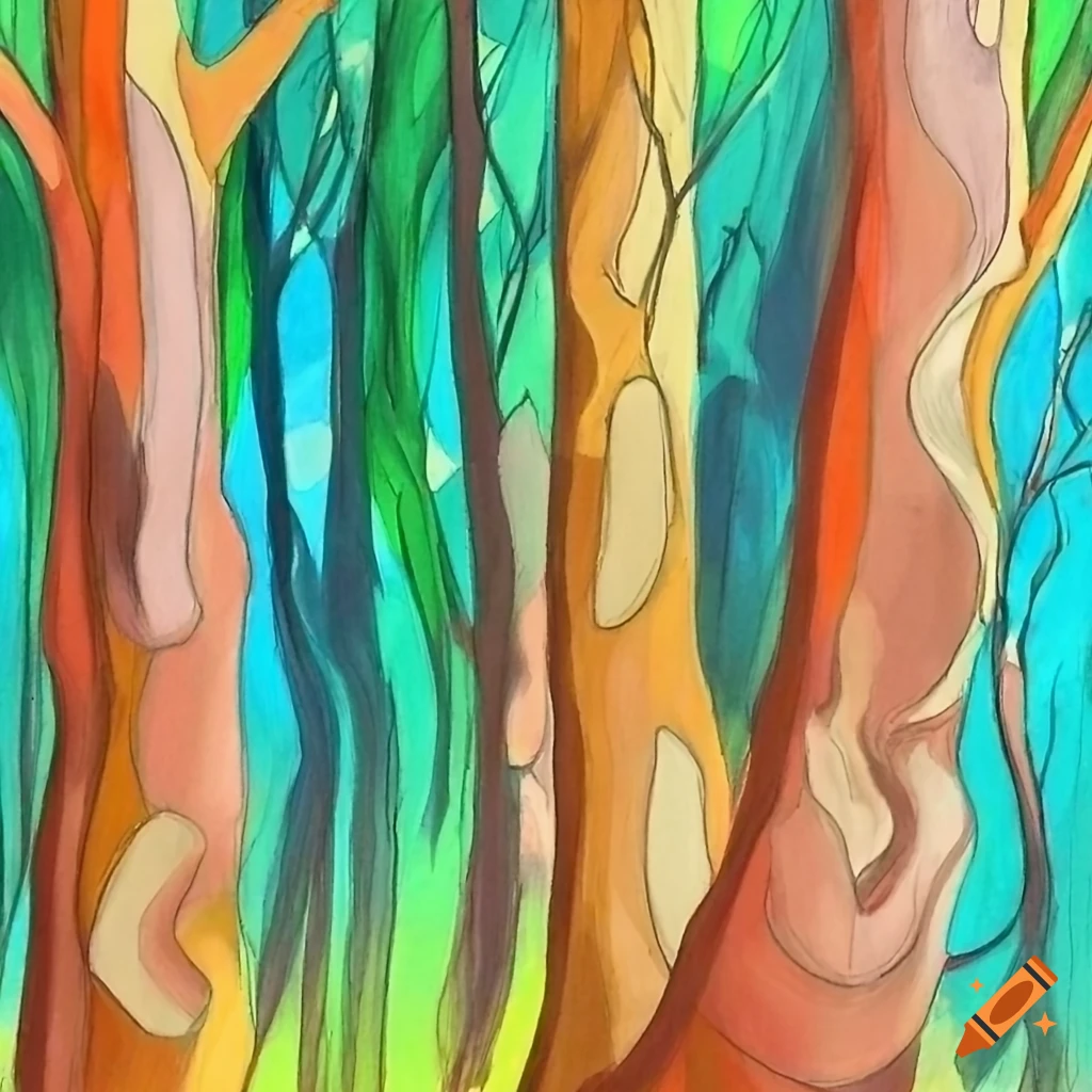 Colored pencil drawing of a forest in a childlike and abstract style on ...