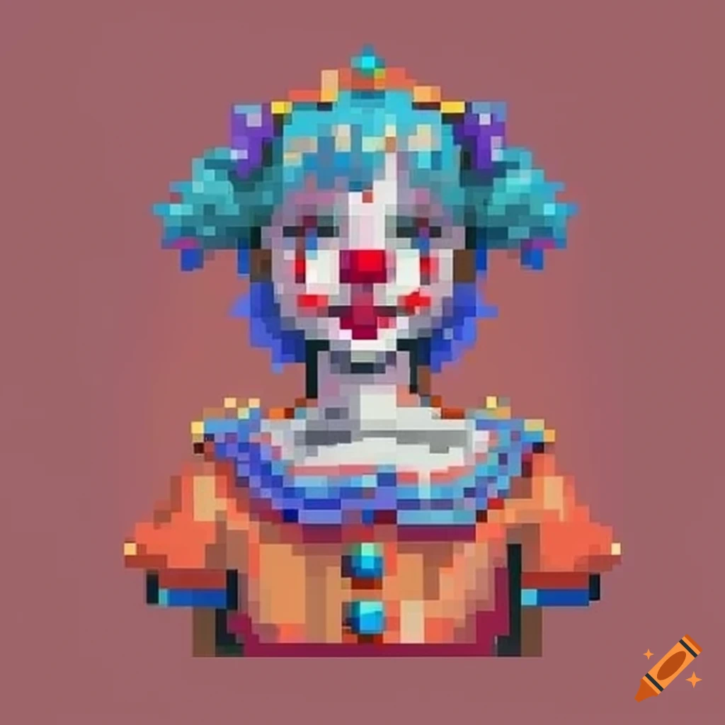 Pixel art of a cute clown girl in a vibrant red suit on Craiyon