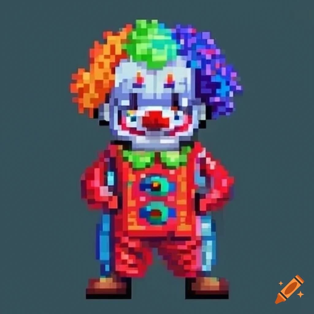 Detailed pixel art of a cute clown in a red suit on Craiyon