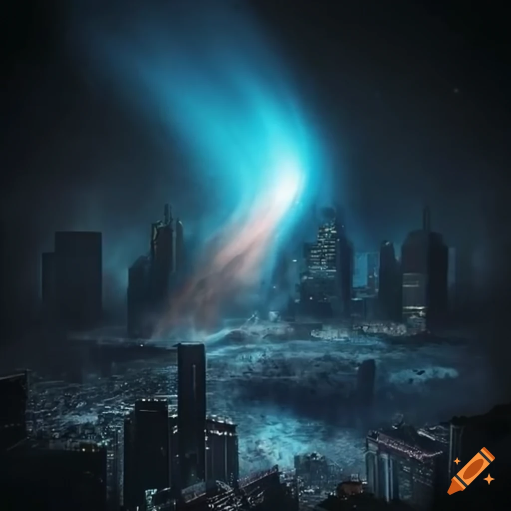 Comet falling and exploding on a city in a dark atmosphere on Craiyon