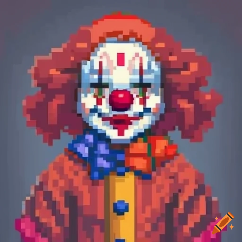 Vibrant pixel art of a cute clown in a red suit on Craiyon