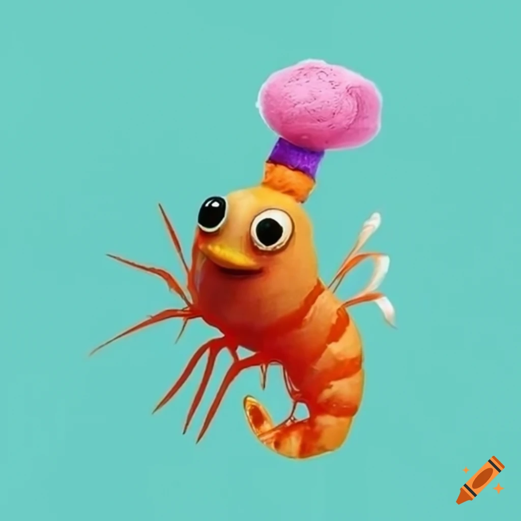 Smiling shrimp with a hat emitting gas on Craiyon