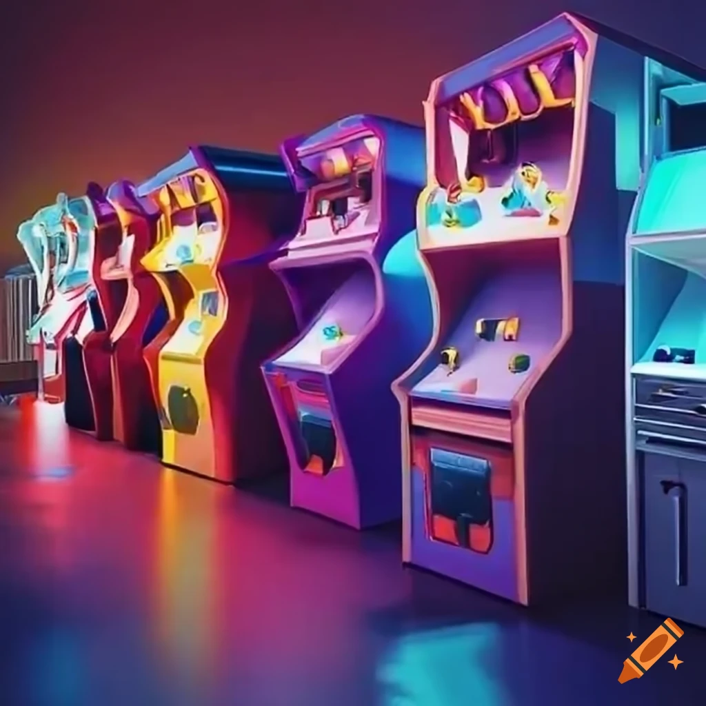 Room with many 90s style epic retro arcade machines with numerous games ...