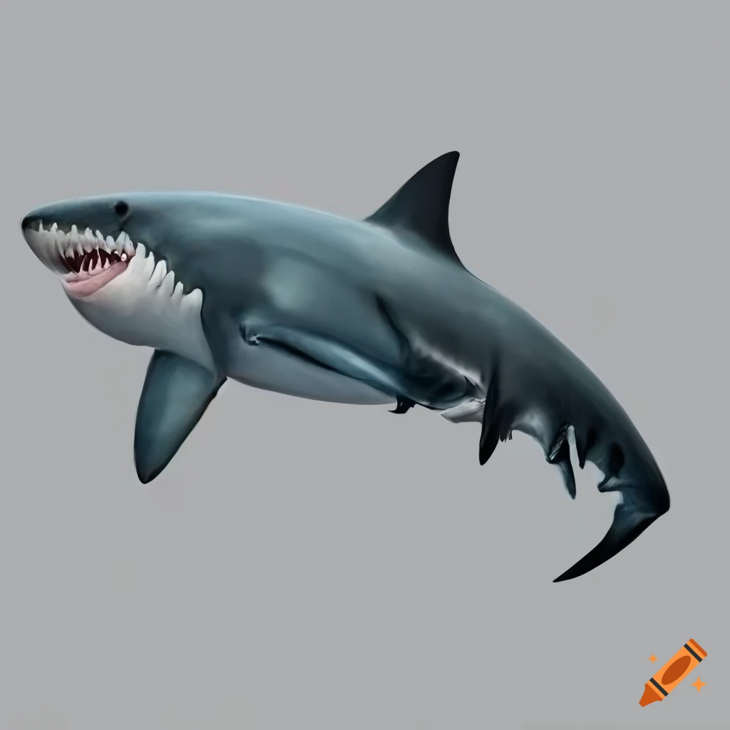 Great white shark in hyper-realistic style on a white background on Craiyon