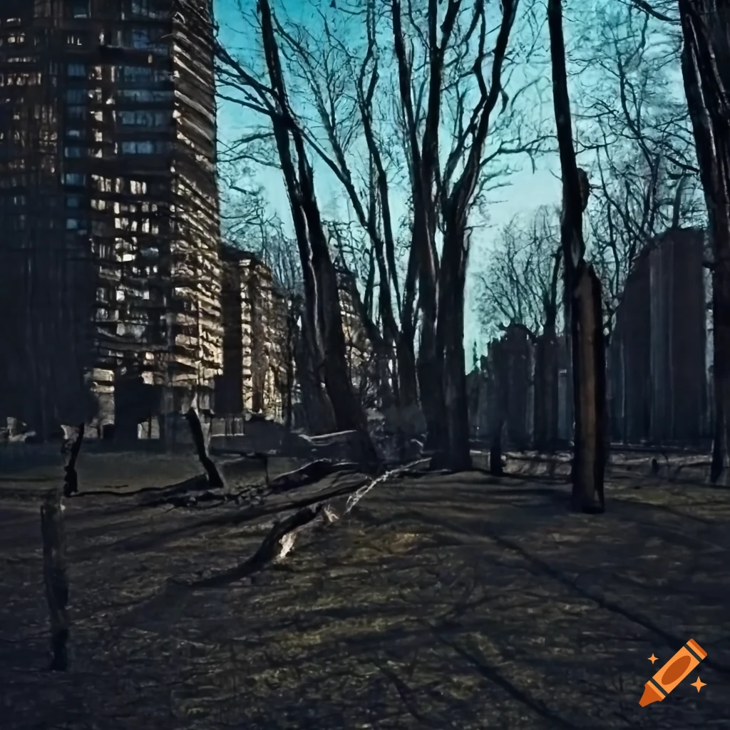 City landscape with dead trees on Craiyon