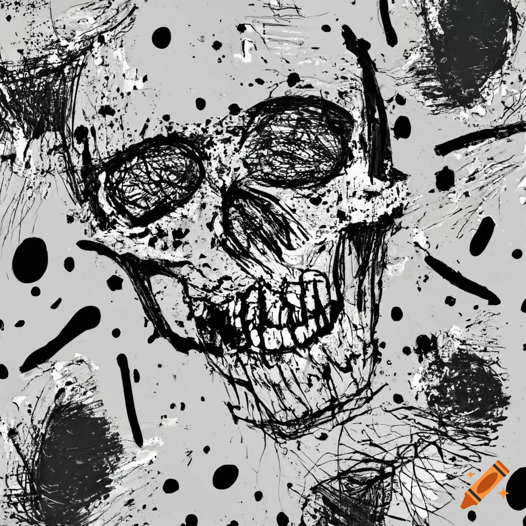 Abstract skull in black ink splatter style on white paper on Craiyon
