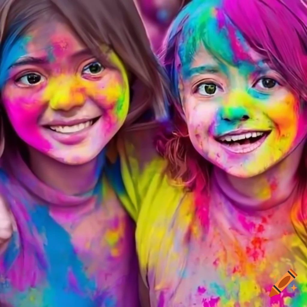 Joyful anime characters celebrating holi festival with color powders on ...