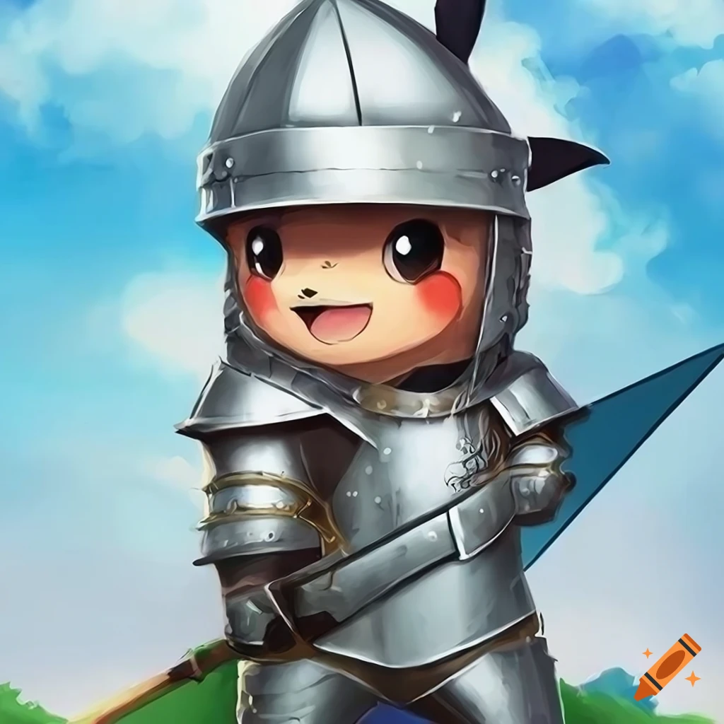 Chibi Pikachu in silver medieval armor under midday sky backdrop on Craiyon