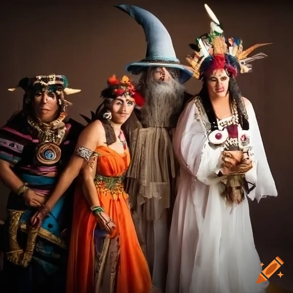 Group of people in costume as gypsy, witch doctor, wizard, and Aztec ...