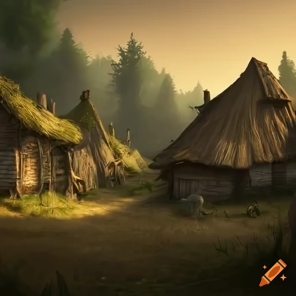 Peasant settlement in a poor fantasy village with xeric shrubland ...