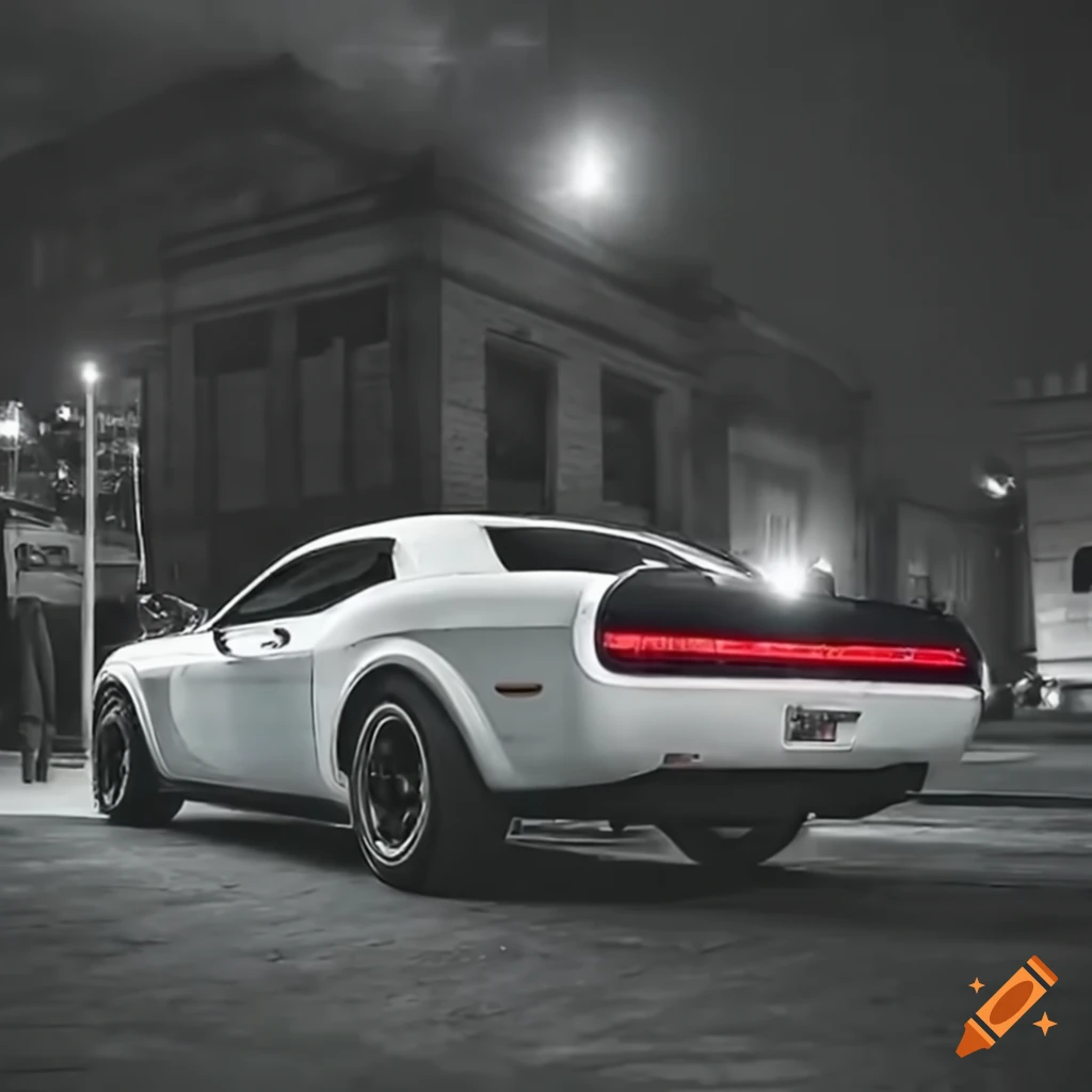 Eerie white dodge demon in a dimly lit streetscape on Craiyon