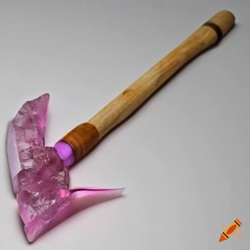 Pink translucent crystal mining pickaxe with wooden handle on Craiyon