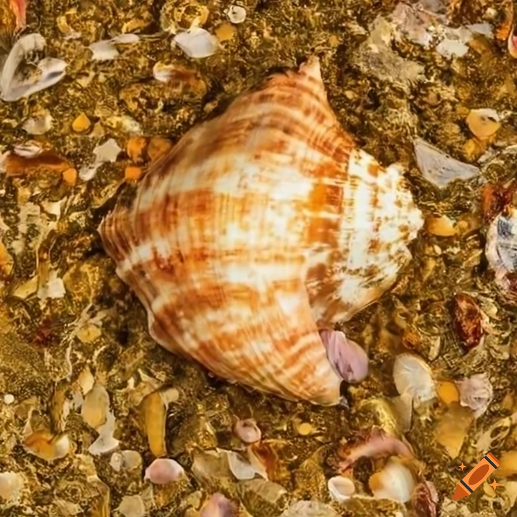 Golden conch shell adorned with feathers under clear shallow water on ...