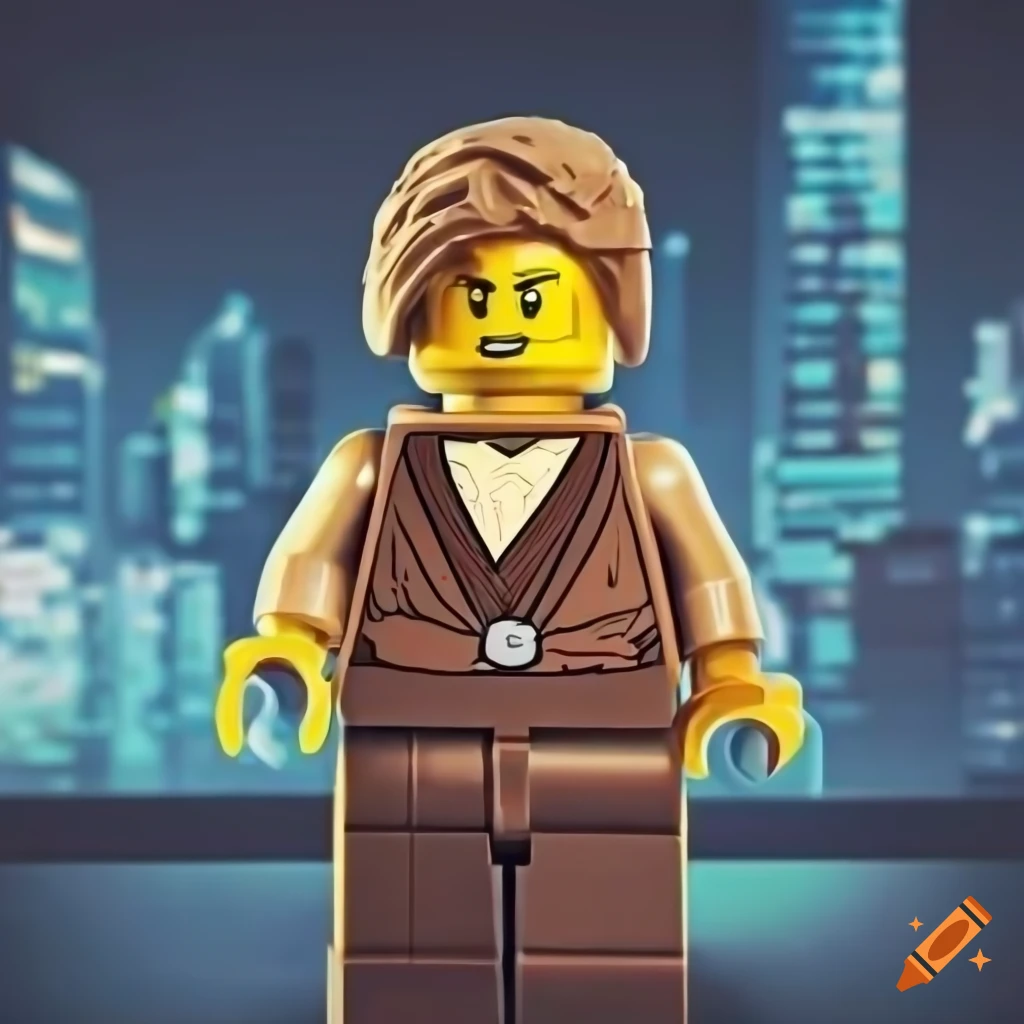 Lego man in jedi robes with city background on Craiyon