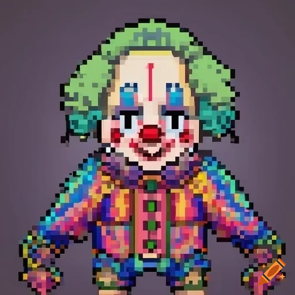 Pixel art of a cute clown in a red suit on Craiyon