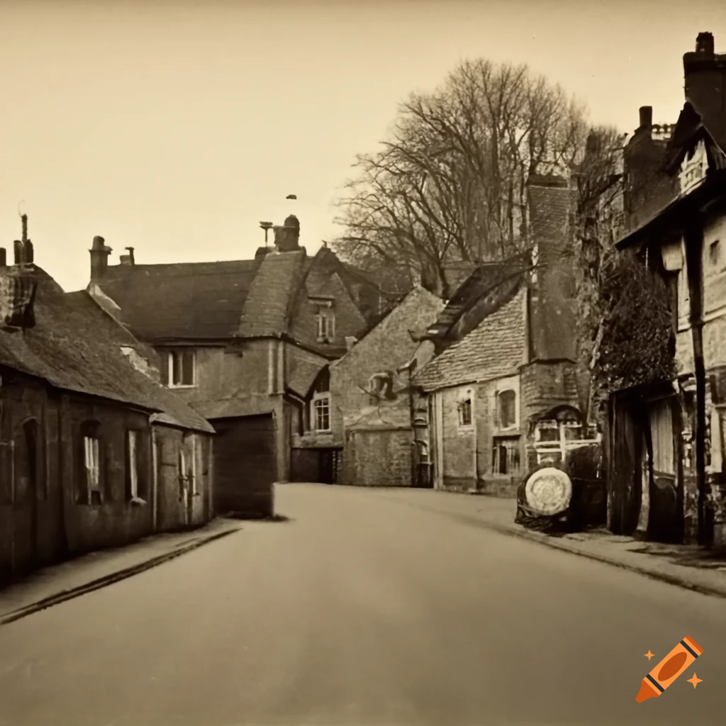 1950s english village scene with vintage sepia filter on Craiyon