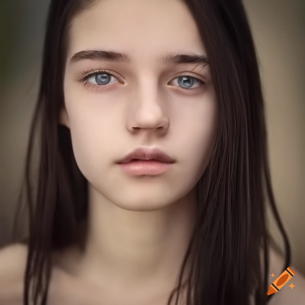 Portrait of a beautiful 19-year-old with dark hair and detailed ...