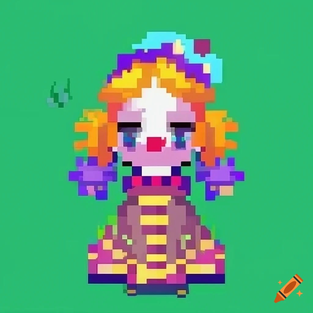 Vibrant pixel art of a cute clown girl on Craiyon
