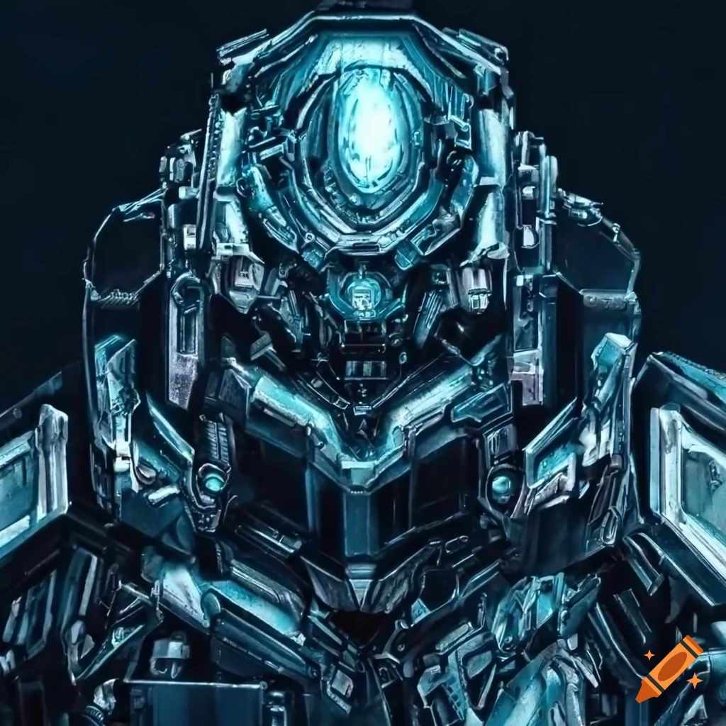 Cyberpunk mech in a starry night setting with full face armor on Craiyon