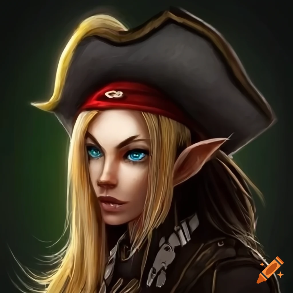 Sassy Blonde Female Elf Rogue With Blue Eyes Wearing A Pirate Hat On Craiyon